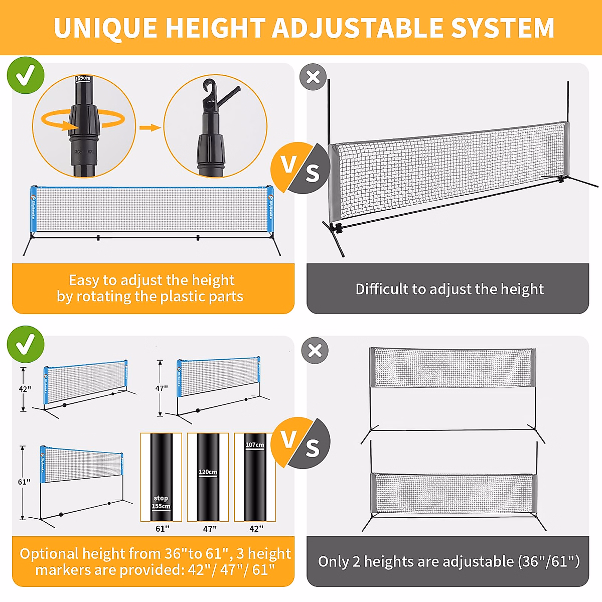 Olybeaka All-in-one Portable Badminton Net Pickleball Net Height Adjustable Kids' Volleyball Net Set for Backyard Beach Driveway Include 4 Aluminum Badminton Rackets + 2 Pickleball Paddles (10 ft)