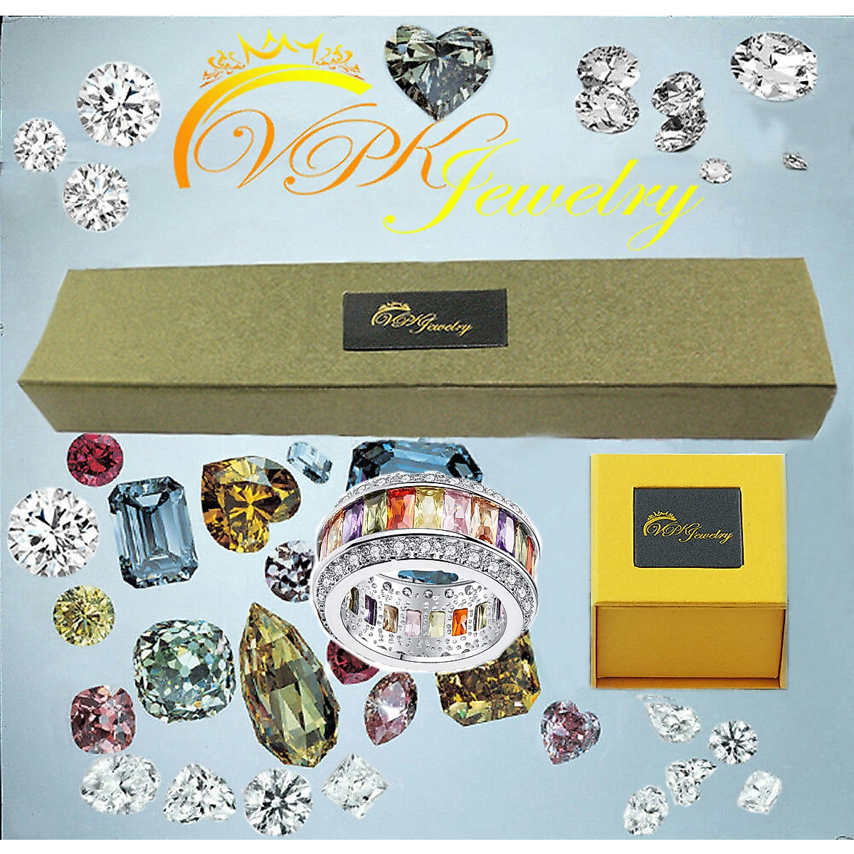 VPKJewelry 18K Gold Plated Rainbow Ring Wedding Band for Women Ladies Emerald Cut Multi Color Created-Gemstone Eternity Ring (Multicolor, 9)