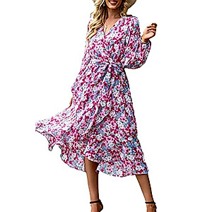 PRETTYGARDEN Women's Floral Print Boho Dress Long Sleeve Wrap V Neck Ruffle Belted A-Line Flowy Maxi Dresses (Floral Pink,Large)
