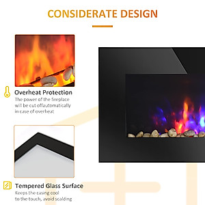 HOMCOM 28.5" 1500W Electric Wall-Mounted Fireplace with Flame Effect, 7 Color Background Light, Black