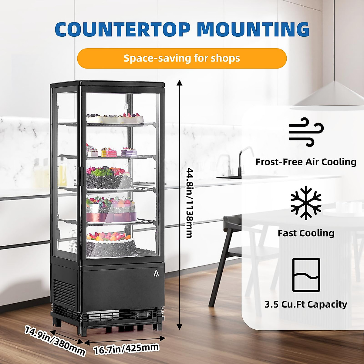 Towallmark Refrigerated Display Case, 3.5 Cu.Ft, Countertop Pastry Display Case Commercial Display Refrigerator with LED Lighting, Frost-Free Air-Cooling, Locked Door for Bakery