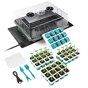 LIPSUN Seed Starter Tray Kit with Grow Light, Seedling Starter Trays, 48 Cells Reusable Plant Starters Silicone, Enhanced Material Seed Germination Kit with Heat Mat/Humidity Dome/High-Raised Lid