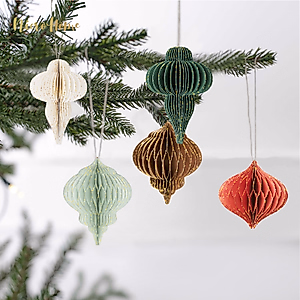 NICROHOME Christmas Party Decorations - 5 PCS 3D Mini Glitter Edge Paper Honeycomb Ornament, Green, Red, Brown Hanging Ornament for Christmas Tree Decorations, New Years Eve Party