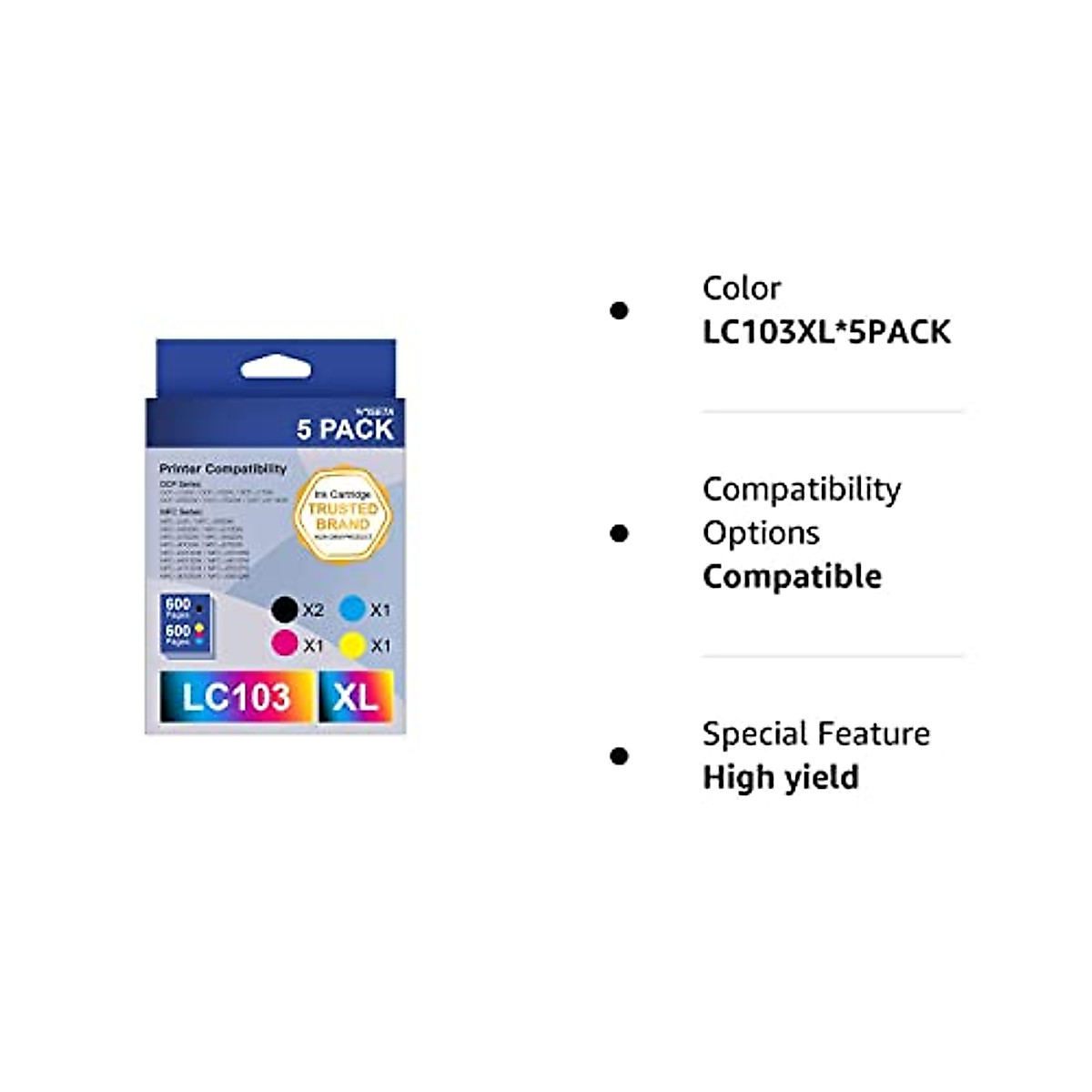 WISETA LC103 XL LC103XL Compatible Ink Cartridge Replacement for Brother LC103 XL LC-103XL LC103XL LC103BK LC101 to Use with MFC-J870DW MFC-J6920DW MFC-J6520DW MFC-J450DW (5 Pack, 2B1C1M1Y)