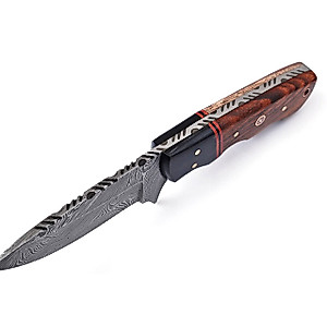 Best Merchants Knives Custom Handmade Hunting Knife Damascus Steel Survival Knife 8'' Overall Horn And Wood Handle With Sheath BM 003 Wood