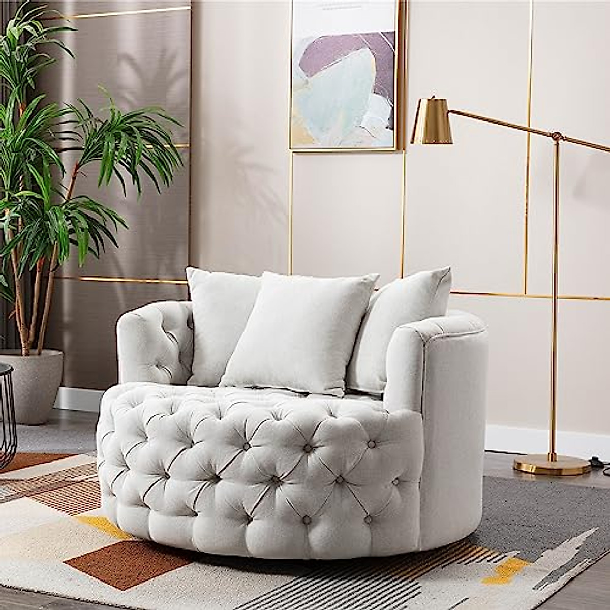 Oversized 360°Swivel Accent Barrel Chair Linen Tufted Comfy Sofachair W/3 Pillows, 42.9"W Leisure Lounge Club Upholstered Armchair Cozy Round Sofa & Chair for Home Apartment Office Hotel Living Room