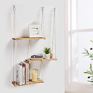 LUNKOEN Lunkeon 3 Tier Macrame Wall Hanging Shelves Boho Room Decor Handmade Cotton Rope,Wooden Hanging Storage Floating Shelves for Small Plants Books Decor,Living Bedroom Room Bedroom