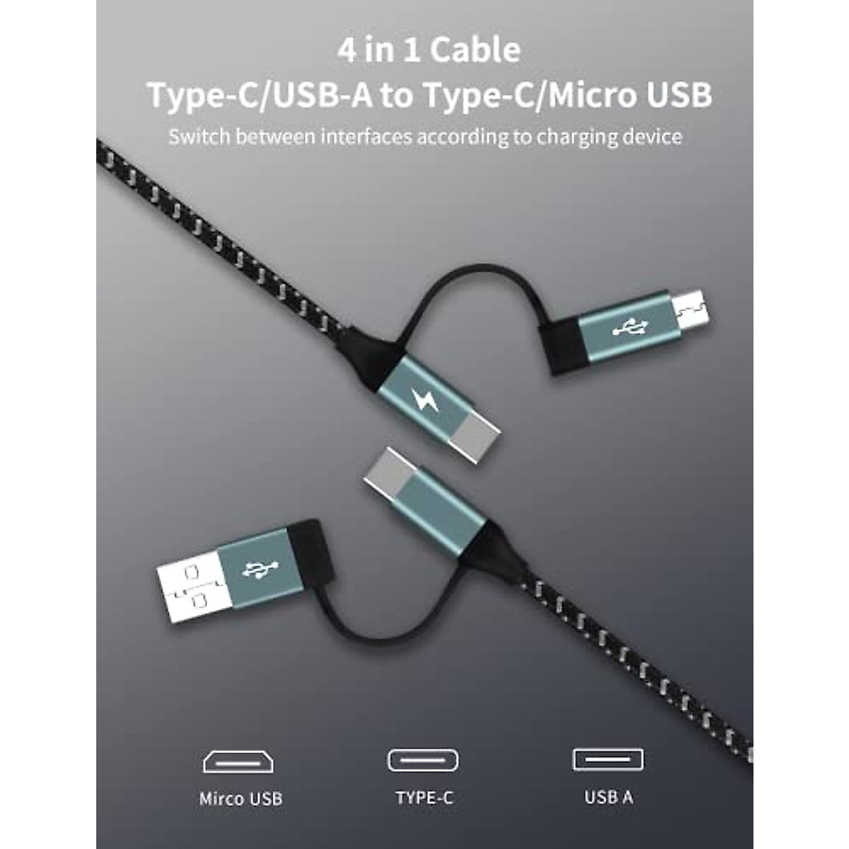 MOMAX Multi USB C Fast Charging Cable, 4 in 1 USB C/USB A to USB C/Micro USB PD 60W Nylon Braided Multiple USB Cable Charge Adapter Connector for All Android, Data Transfer, QC Fast Charging (Grey)