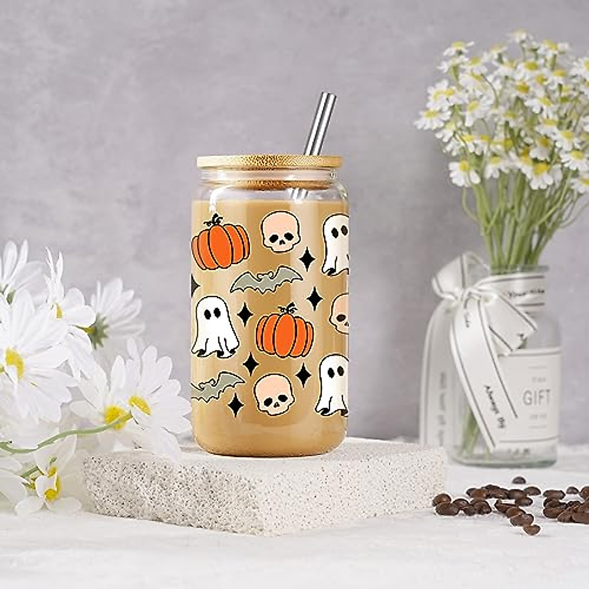 Coolife Halloween Pumpkin Ghost Skull Cups - 16 oz Pumpkins Fall Cup Mug, Can Shaped Tumbler Glass Cups w/Bamboo Lids Straws, Halloween Spooky Cups for Iced Coffee Smoothie, Goth Spooky Gifts for Her