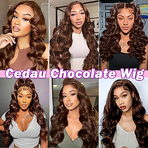 Cedau Brown Lace Front Wig Human Hair 13x4 Body Wave Lace Frontal Wigs Chocolate Brown Glueless Wig 180% Density Transparent HD Lace Wigs Human Hair for Black Women Pre Plucked 22inch