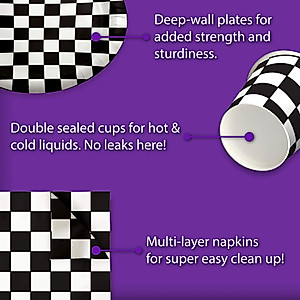 Checkered Flag Party Supplies - Black and White Checkered Party Supplies - Race Car Theme Party | Tableware Set Includes Plates Napkins and Cups | Kit for 16