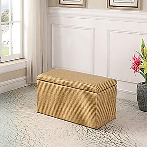 ORE International Inc. HB4796 18" Yellow Gold Plaid Leatherette Marble Pattern Storage Ottoman Hidden Tray + 1 SEAT