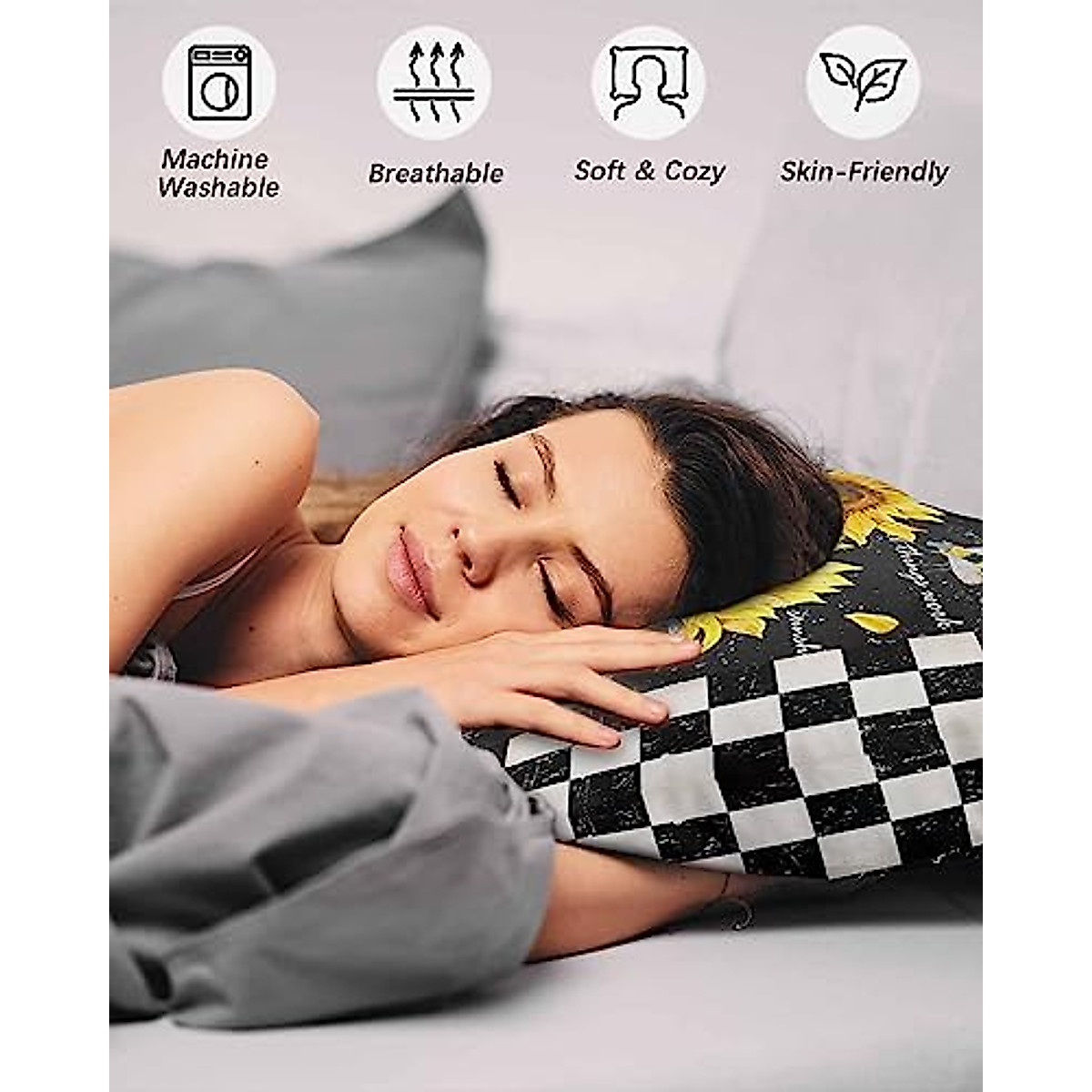 Sunflower Pillow Covers Standard Size Set of 2 20x26 Bed Pillow, Farmhouse Spring Floral Bee Rustic Black White Plaid Plush Soft Comfort for Hair/ Skin Cooling Pillowcases with Envelop Closure