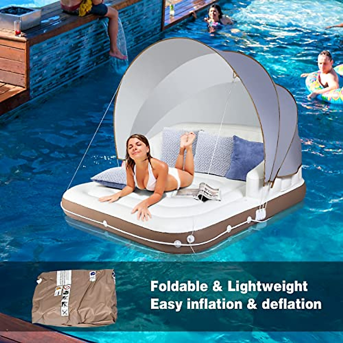 GYMAX Canopy Floating Island, 2-3 Person 441lbs Inflatable Lake Floats with UPF50 Retractable Sunshade, Built-in Cup Holder & Grabbing Ropes, Giant Lounge Raft for Indoor, Poolside, River and Beach
