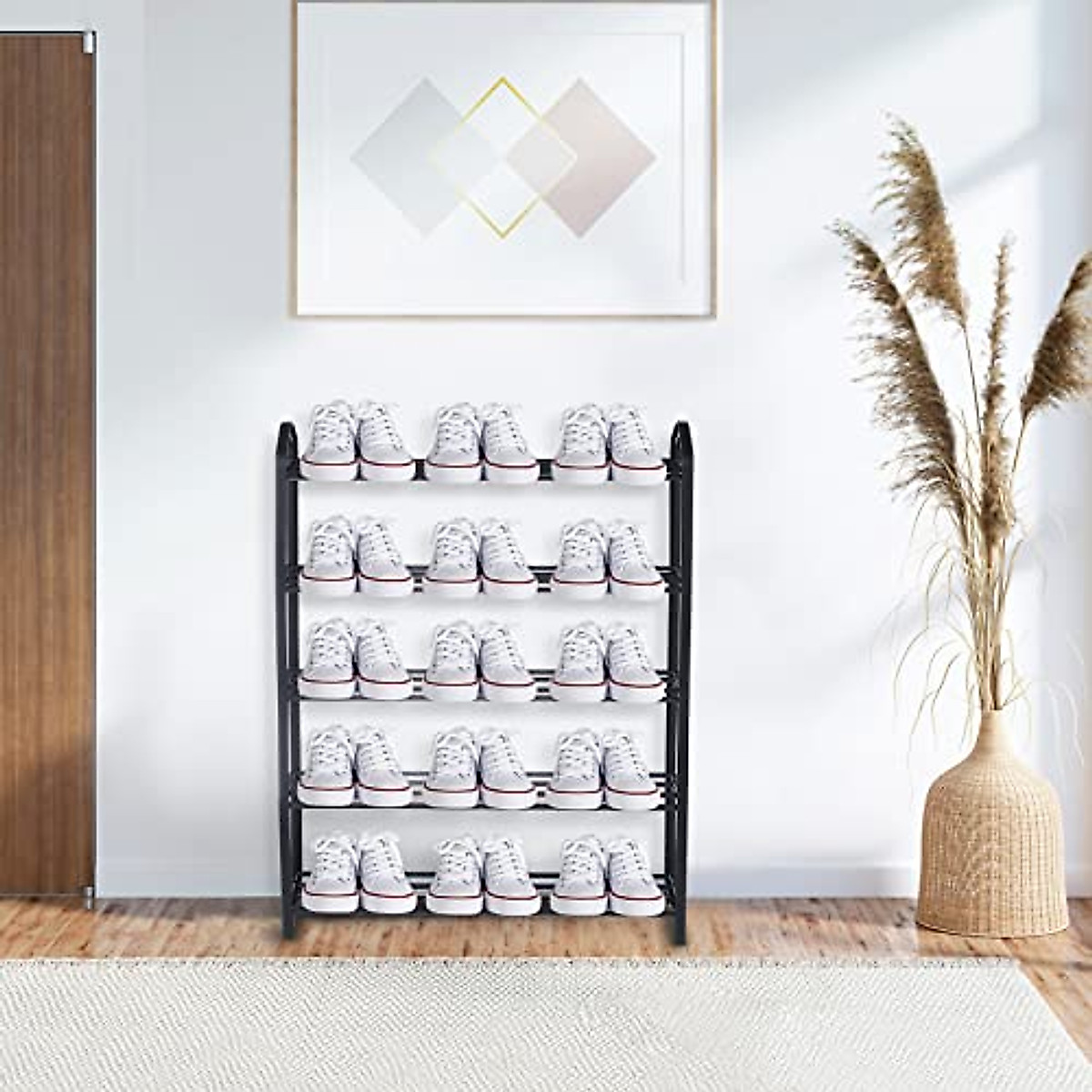 YSSOA 5-Tier Stackable Shoe Rack, 15-Pairs Sturdy Shoe Shelf Storage, Black Shoe Tower for Bedroom, Entryway, Hallway, and Closet, 1 Pack