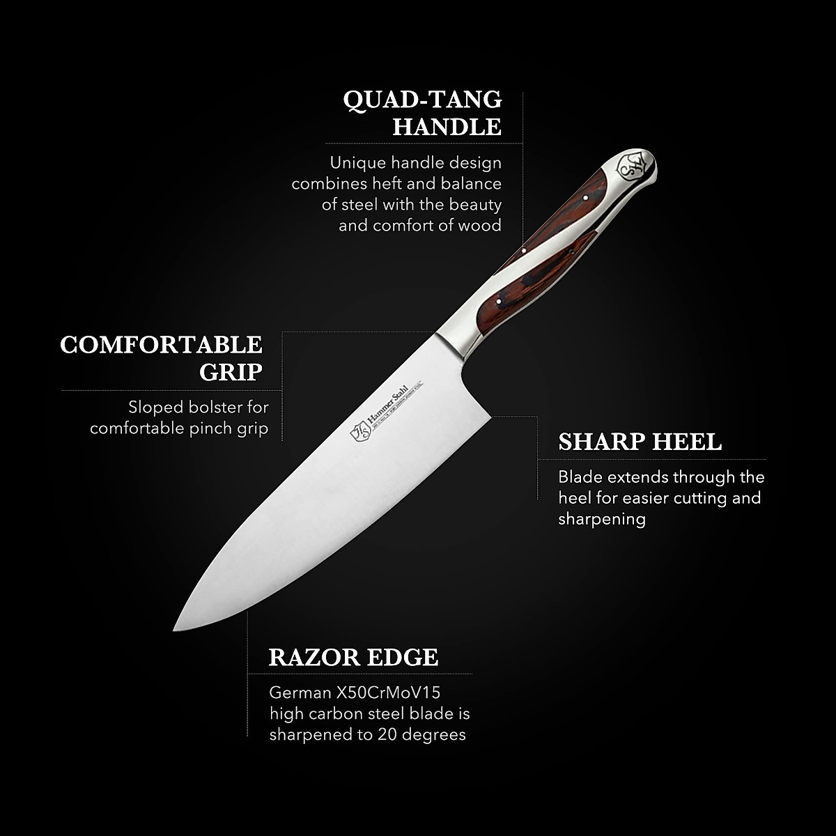 Hammer Stahl 8-Inch High Carbon Chef Knife | Versatile Cooking Knife for Chopping, Slicing & Precision Cutting | German Forged Sharp Kitchen Knife | Ergonomic Quad-Tang Pakkawood Handle & Gift Box