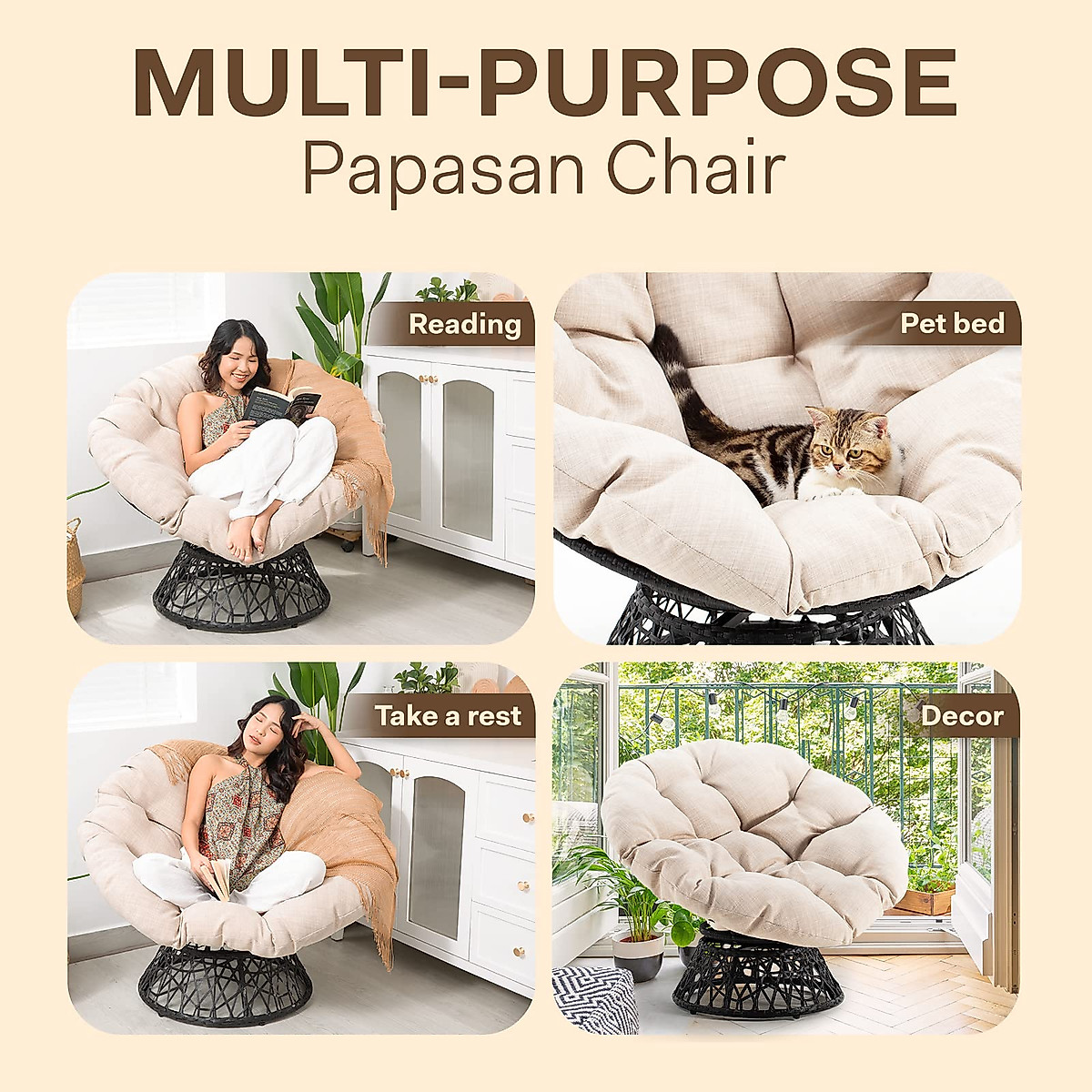 Bme Ergonomic Wicker Papasan Chair with dCee Cat Couch - Small Dog Sofa Light Gray, Soft Thick Density Fabric Cushion, High Capacity for Livingroom, Bedroom, Reading Room
