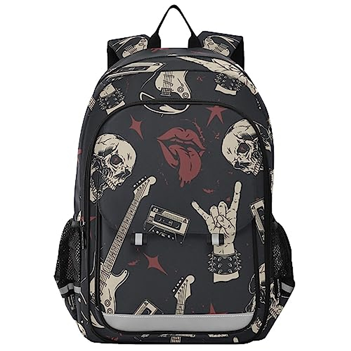 Glaphy Rock Music with Skulls Guitar Backpack School Bag Lightweight Laptop Backpack Student Travel Daypack with Reflective Stripes