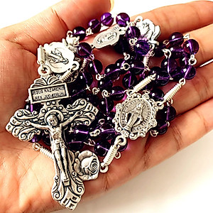 elegantmedical Handmade Catholic Amethyst Beads Our Lady of Grace Rosary Cross Crucifix Necklace Gift Box (Amethyst)