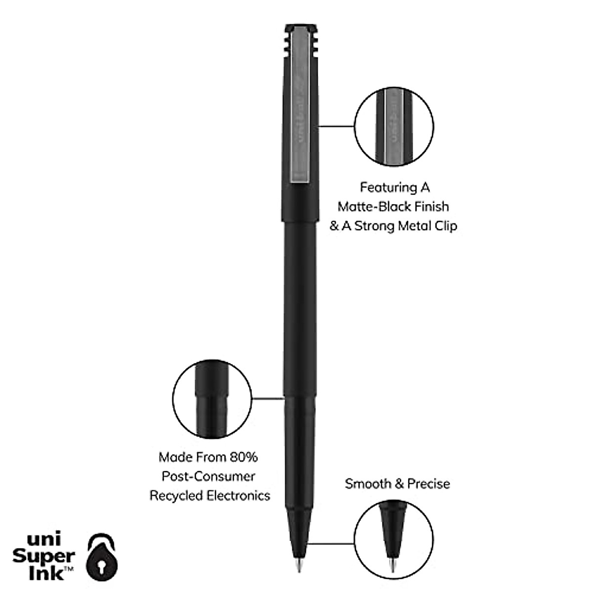 Uniball Rollerball Pen, 0.7 mm, Black: 12 Pens Total