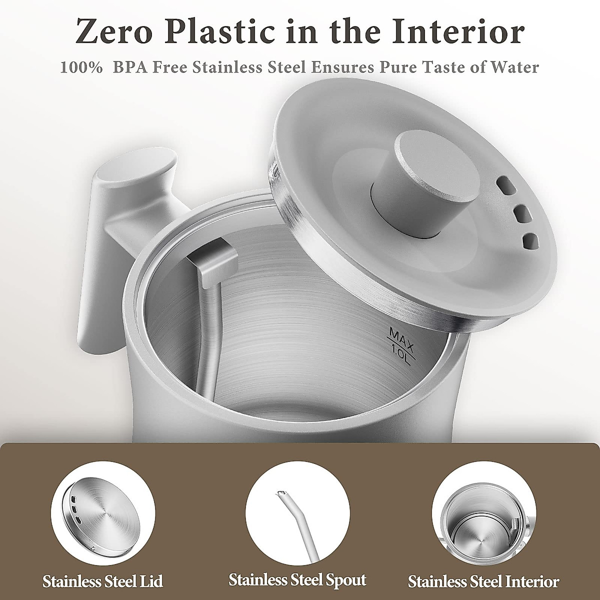 Gooseneck Electric Kettle Fabuletta 1500W Ultra Fast Boiling Water Kettle 100% Stainless Steel for Pour-over Coffee & Tea Leak-Proof Design French Press Boil-Dry Protection 1L (FKT003 Light Grey)