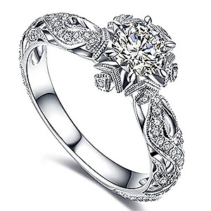 925 Sterling Silver Shiny Full Diamond Ring Cubic Zirconia Flower Ring CZ Diamond Ring Personality Ring for Women Luxury and Delicate Female Style Wedding Engagement Princess Ring Jewelry (US Code 6)