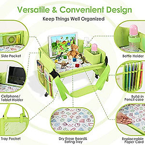 Zooawa Kids Travel Tray, Car Seat Tray for Kids Toddlers Car Seat, Toddler Car Seat Lap Tray, Road Trip Essentials Activity Table, Carseat Table Tray for 36M+ Kids Road Trip Activities, Green