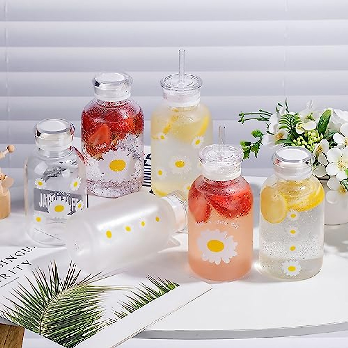 WHJY 16oz Cute Water Bottle, Matte Glass Water bottle with Straw, Milk Juice Glass Water Bottle with Scale, with 2 Lids, Little Daisy Sunflower Matte Portable Water Cup - Clear Sunflower