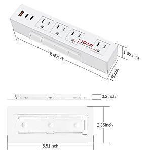 Type-C Under Desk Power Strip, Adhesive Wall Mount Power Strip with USB C Ports, Power Strip Socket Outlet, 4 AC Plug.20W 1 USB-A,2 PD Fast Charging 18W USB-C for Kitchen, Office, Home, Hotel