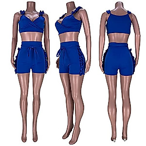 acelyn Women’s 2 Piece Outfits Ruffle Sweatsuit V-Neck Tank Crop Tops Tie Waist Short Sets Tracksuit Sexy Clubwear (L5052-Blue,XL)