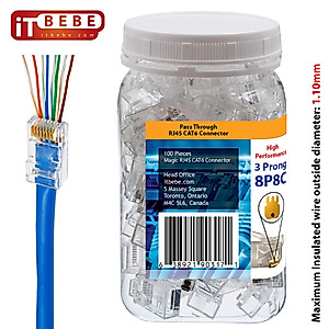 ITBEBE 100-Pack RJ45 Pass Through Connector | Cat 6 Connectors for High-Speed Data | Pass Through RJ45 with Gold-Plated Contacts | Universal Compatibility | Simplified Termination | Professional-Grade