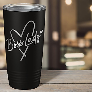 Boss Lady Big Heart Tumbler Birthday Gifts for Women, Coworker, Boss on Black 20 oz Stainless Steel Insulated Cup with Lid - Travel Mug for Mom