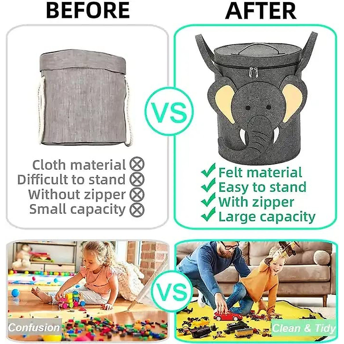 Foldable Toy Storage Basket with Play Mat, Children Toy Organizer with Anti Dust Lid, Portable Cartoon Drawstring Toy Storage Bucket, Quick Cleanup Container for Store Children's Toys (Elephant)