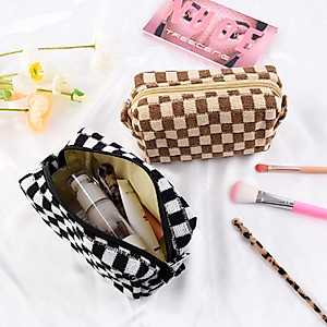 SOIDRAM 2 Pieces Checkered Cosmetic Travel Bags - Cute Makeup Pouch Organizers With Brush Storage for Women