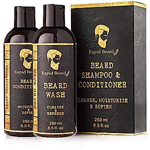 Beard Shampoo and Beard Conditioner Wash & Growth kit for Men Care - Softener & Moisturizer for Hydrating, Cleansing and Refreshing Beard and Mustache Facial Hair Gift Set (250ml / 8.5 fl oz)