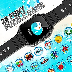 Waterproof Kids Game Smart Watch with 26 Puzzle Game HD Touchscreen Camera Video Music Player Pedometer Alarm Clock Flashlight Educationals Learning Toys for Girls Boys 3-12 Years Old (Black)