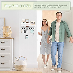 VIS'V Key Holder Wall Mount, Wooden Key Mail Holder with Drawer Key Organizer Mail Sorter with 6 Key Hooks Key Rack with Shelf for Entryway Doorway Hallway - White