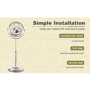 Mros Circulator Fan, Metal Stand up Pedestal Fan,Quite Silence Fan,3-Speed and Adjustable in Height for office, home, bedroom and living room especially ideal for ladies and babies(Brushed Nickel)