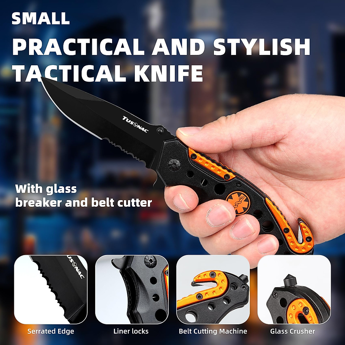 3.34″ Folding Pocket Knife Survival Knife, Serrated Blade Tactical Knife, Glass Breaker, Seatbelt Cutter, Pocket Clip, Self Defense knife with Liner Lock, For Hunting Camping Fishing Hiking