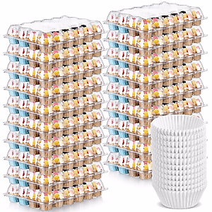 Roshtia 24 Count x 30 Sets Stackable Cupcake Containers with 900 Pcs Cupcake Liners Cupcake Carrier Holders Clear Mini Cupcake Holder Disposable Plastic Cupcake Boxes with Detachable Lid