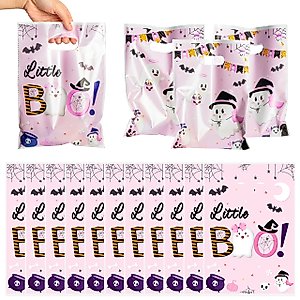 Haooryx 100Pcs Little Boo Party Favor Bags, Pink Little Boo Theme Plastic Candy Gift Bag Birthday Gift Warp Goodie Treat Bags for Halloween Party Kids Theme Birthday Baby Shower Party Favors Supplies