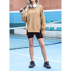 SHEWIN Womens Sweatshirts Long Sleeve Round Neck Soft Baggy Curved Hem Tops Lightweight Sweatshirts for Women Fall Cute Tops Loose Fit Flowy Crewneck Plain Tshirts for Leggings Khaki Small