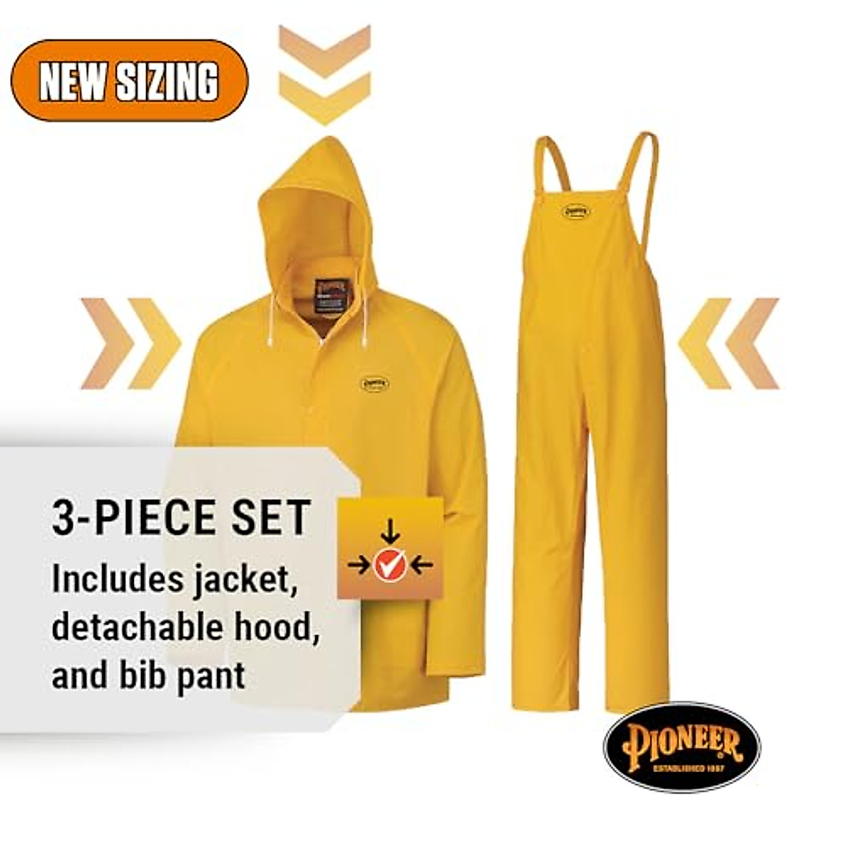Pioneer Waterproof PVC Work Suit for Men – Repel Rain Gear Yellow Safety Jacket and Bib Pants - 3 PC Set With Detectable Hood