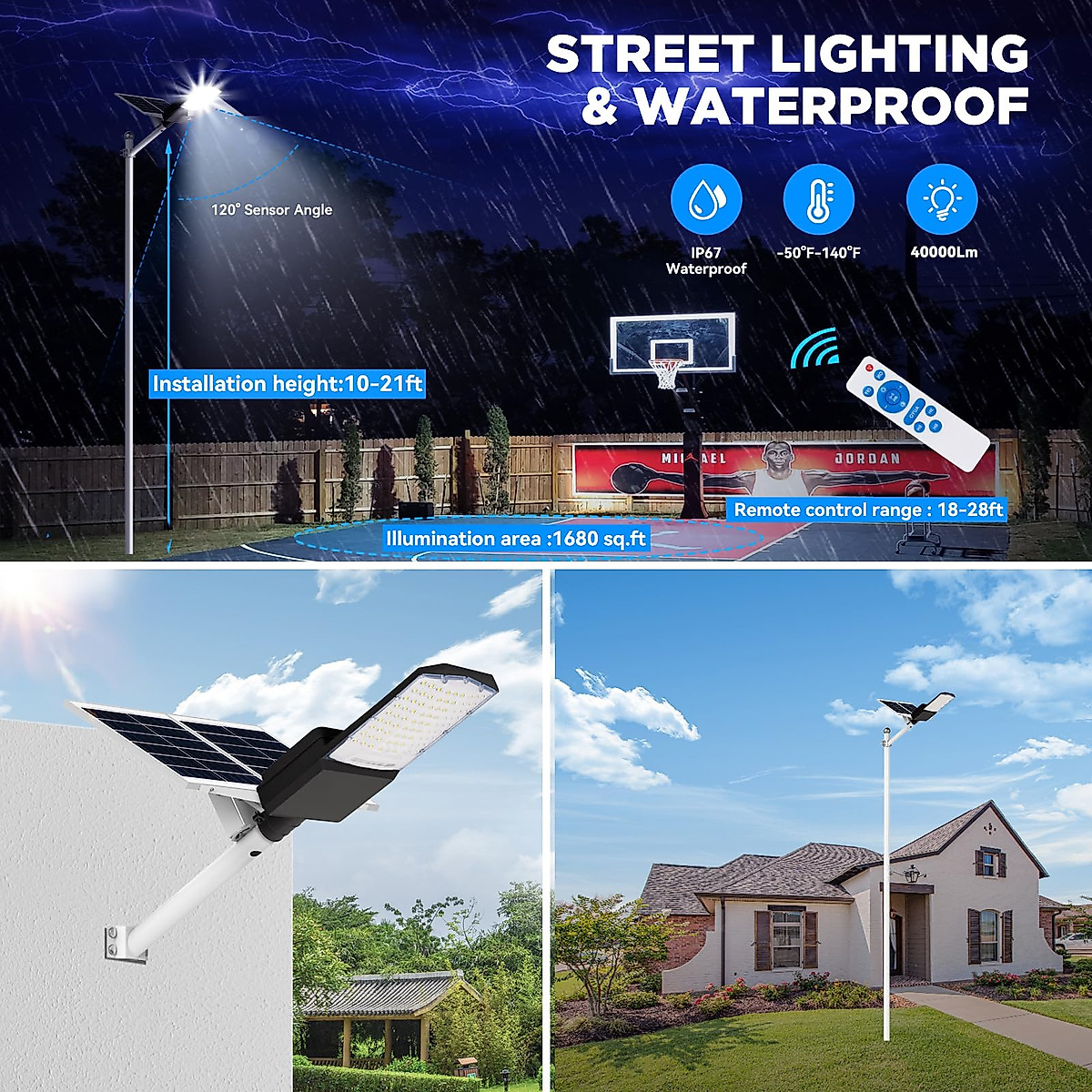 Solar Street Lights Outdoor Solar Parking Lot Lights 40000LM, 6700K LED Solar Lights, Dusk to Dawn, Solar Powered Led Street Light, IP67 Waterproof, Commercial Lighting Grade for Yard Garden, Black