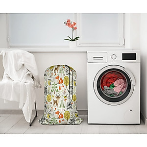 Swono Woodland Animals Laundry Bag with Strap Machine Washable Large Dirty Clothes Organizer Trees Mushrooms Berries Rabbit Owl Easy Fit Laundry Hamper or Basket, Carry Up to 4 Loads of Laundry
