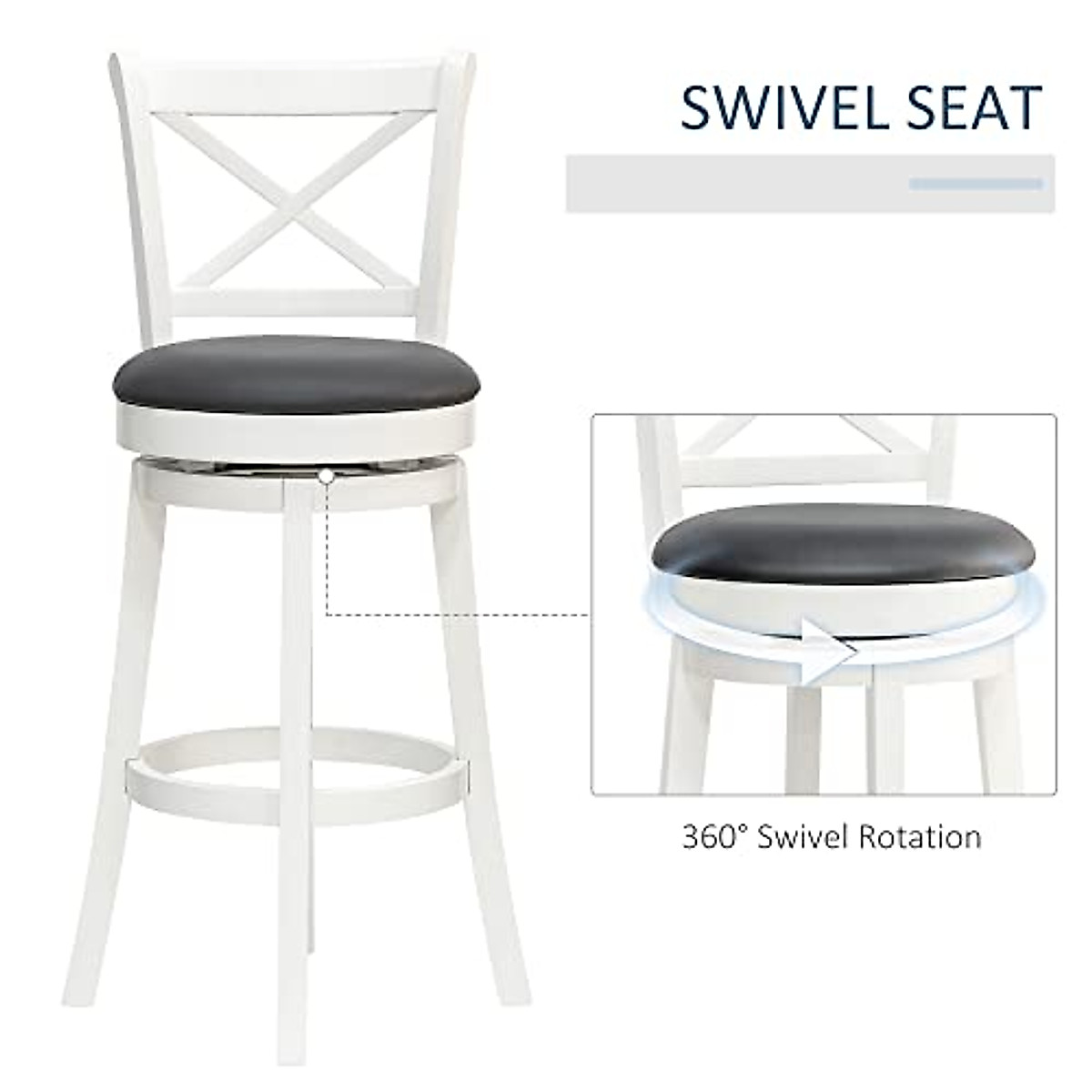 HOMCOM Traditional Bar Height Bar Stool, 31 Inch Seat Height Barstool, Swivel PU Leather Upholstered Chair, with Cross Back and Rubberwood Frame, Set of 2, Cream White