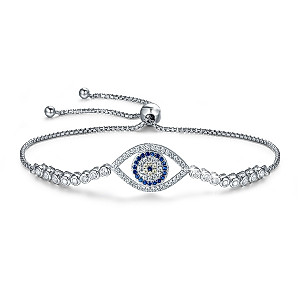 BISAER 925 Sterling Silver Blue Evil Eye Bracelet with Cubic Zirconia Adjustable Chain Bracelets for Women