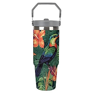 BWQJKUO Large Capacity Car Cup 30 Oz Stainless Steel Tropical Plant Bird Flowers Printed Travel Mug Leak-proof Flip Straw Tumbler with Handle,keeps Cold Or Ho