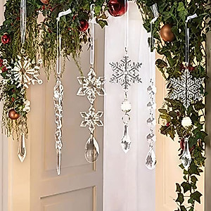 18pcs Crystal Christmas Ornaments for Christmas Tree Decorations-Hanging Acrylic Snowflake and Icicle Ornaments with Drop Pendants for Christmas Tree New Year Party Decorations Supplies