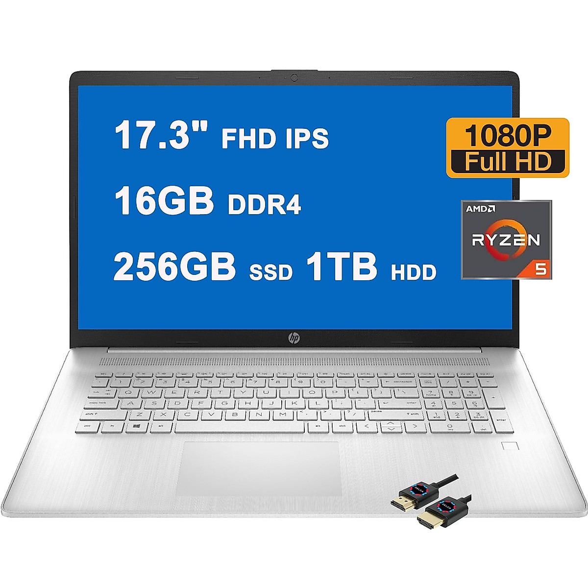 HP Business 17 Laptop I 17.3" FHD IPSI AMD 6-Core Ryzen 5 5500U (>i7-1160G7) I 16GB DDR4 256GB SSD + 1TB HDD I Fingerprint USB-C Win10 Silver + HDMI Cable